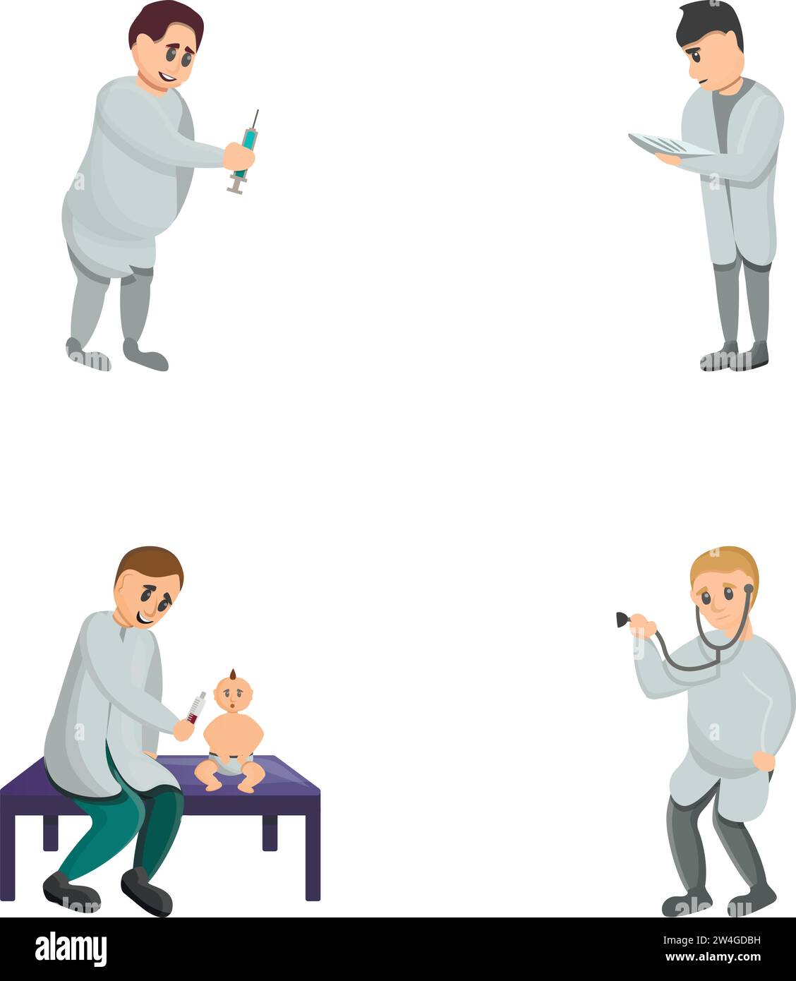 Pediatrics icons set cartoon vector. Doctor examining little patient ...