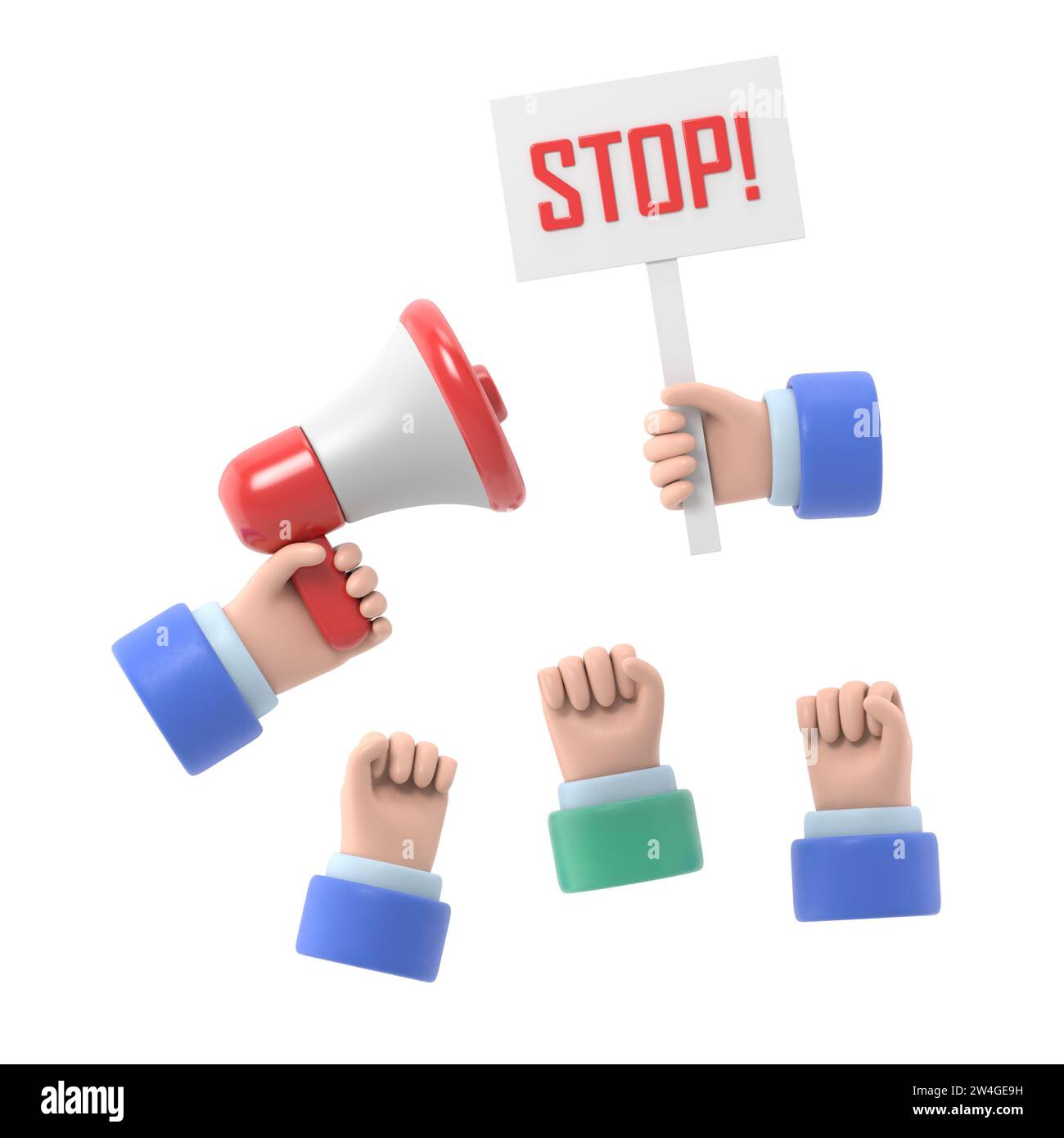 Cartoon hands of demonstrants and hand with Megaphone and stop sign ...