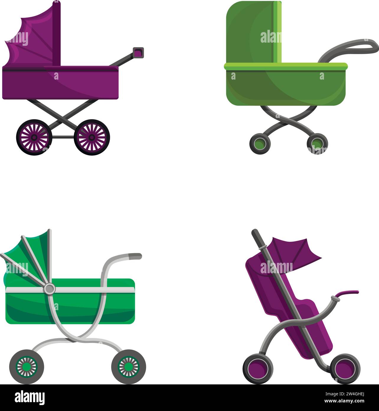 Baby pram icons set cartoon vector. Colorful baby carriage. Child ...