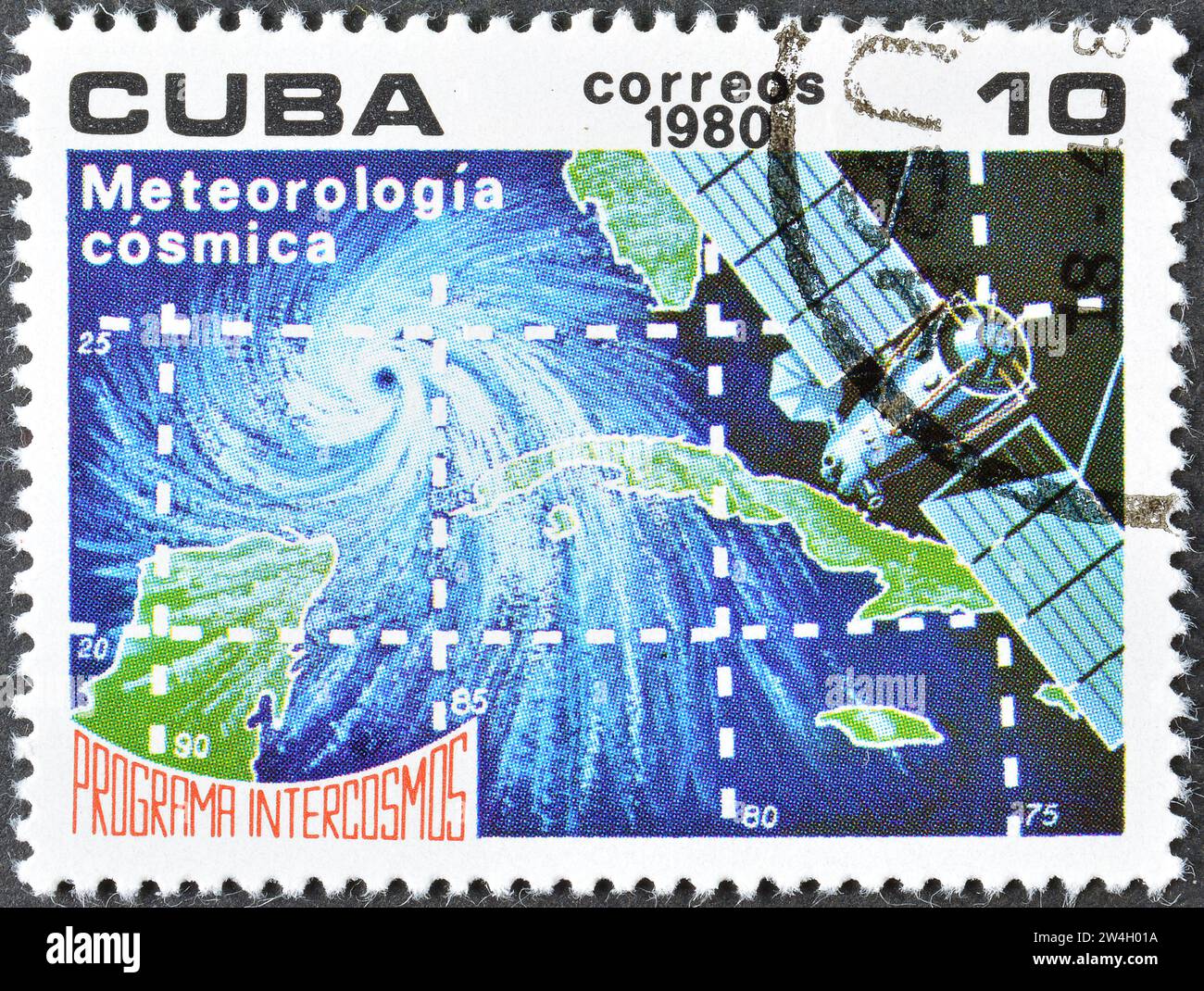 Cancelled postage stamp printed by Cuba, that shows Satellite, grid ...