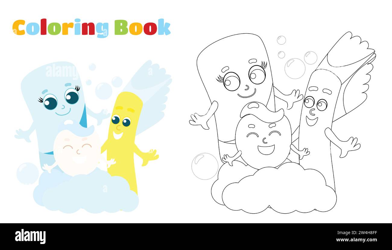Coloring page. Little baby tooth and toothpaste and brush stand ...