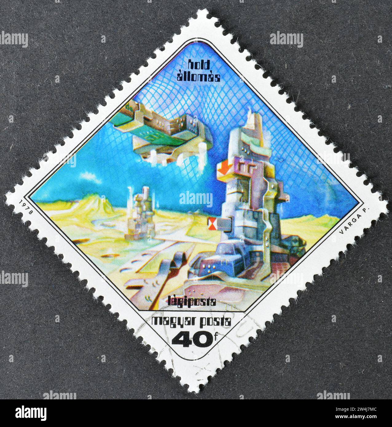 Cancelled postage stamp printed by Hungary, that shows Moon Station ...