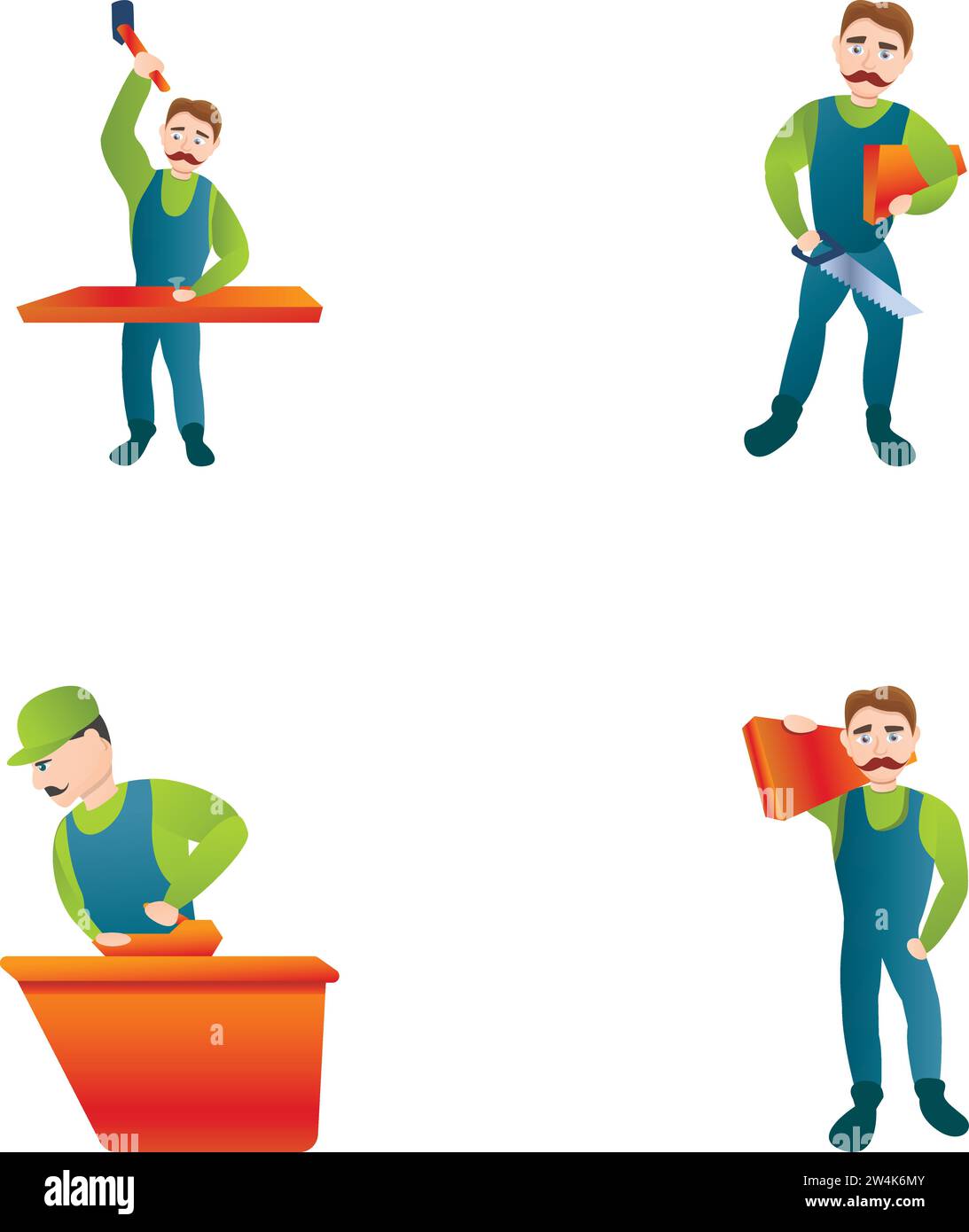 Woodworker icons set cartoon vector. Man worker with various tool ...