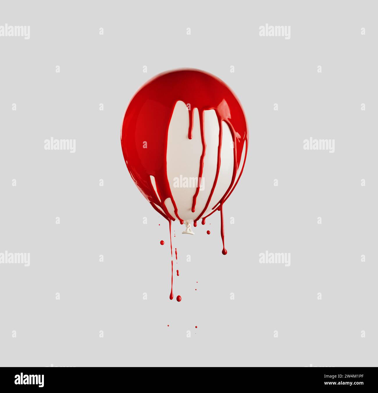 White balloon covered in red paint dripping on soft grey background ...