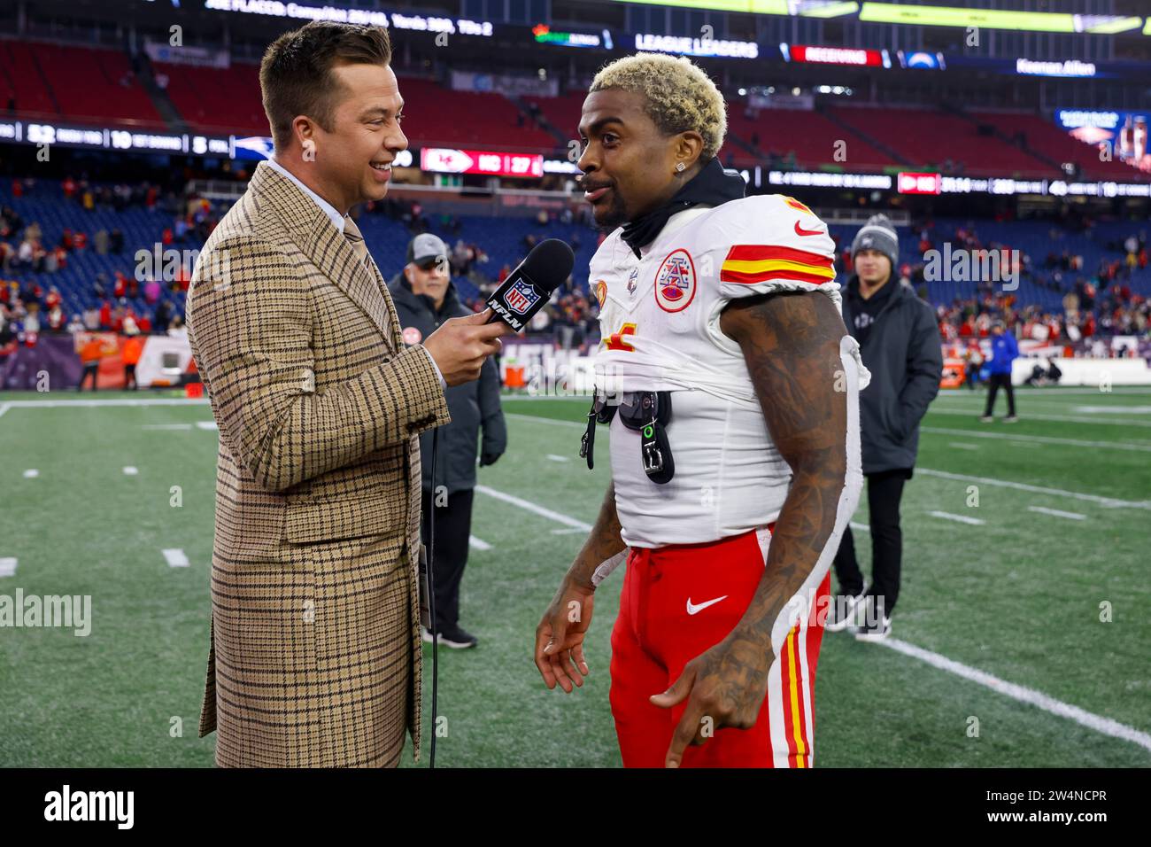 Kansas City Chiefs running back Jerick McKinnon (1) is interviewed by ...