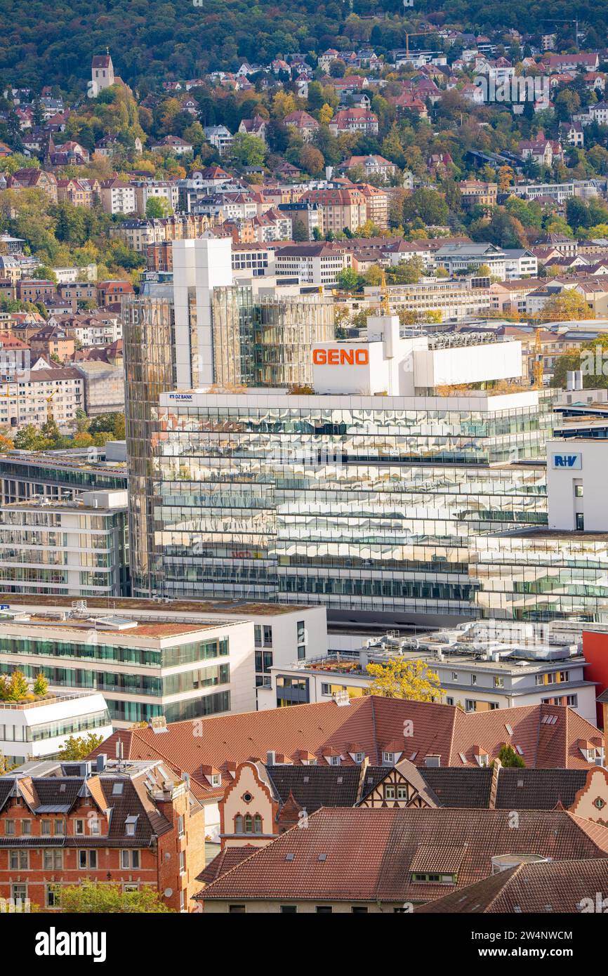 View of modern and traditional buildings of a city with GENO lettering ...