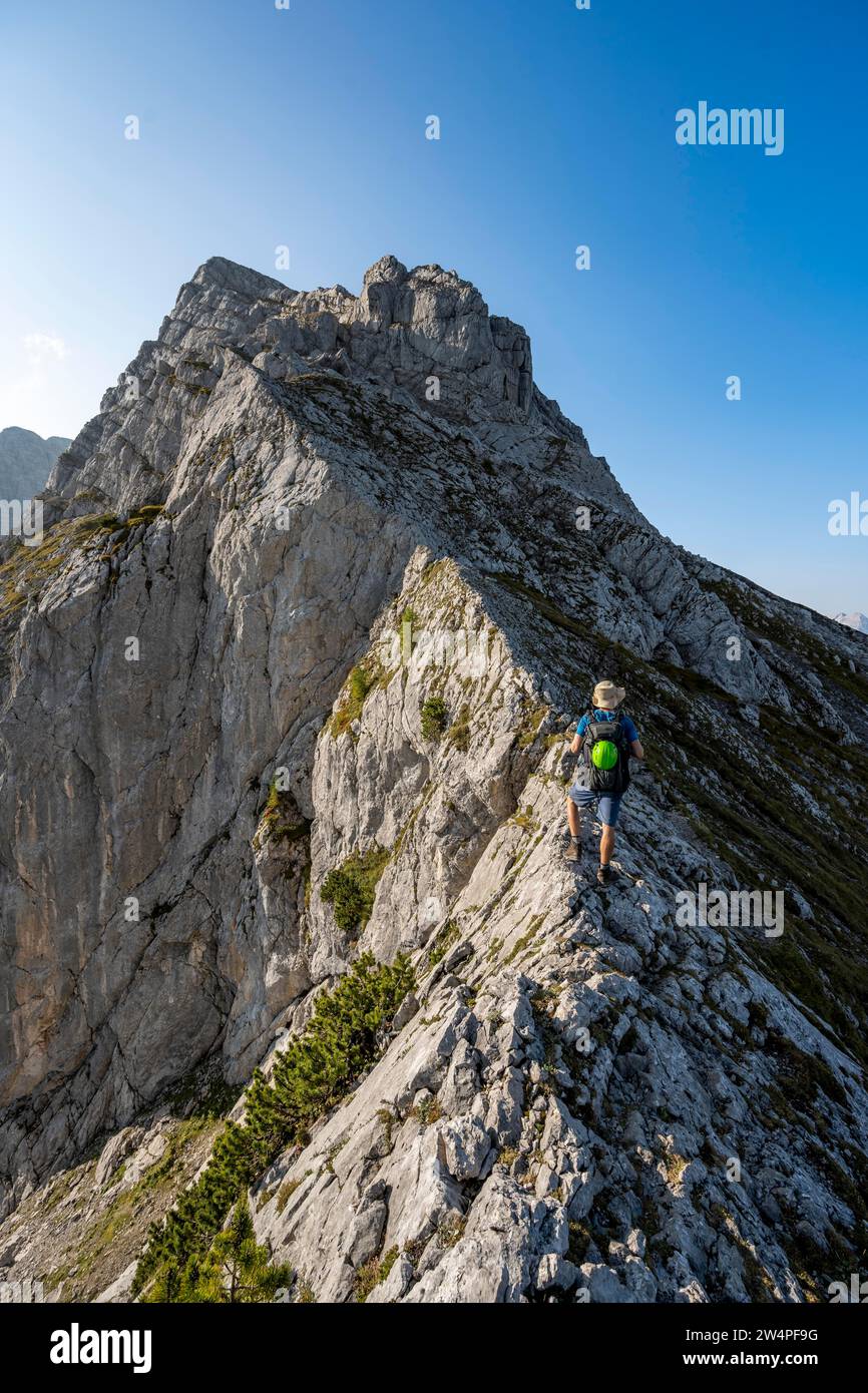 Mountaineer on a narrow ridge, mountain tour to the summit of the ...