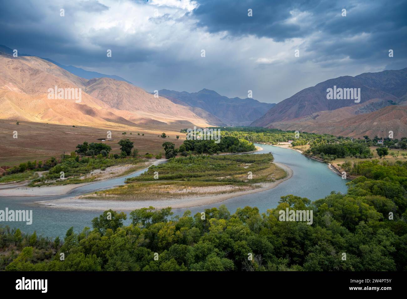 Green river valley with Naryn river between mountains, mountain ...