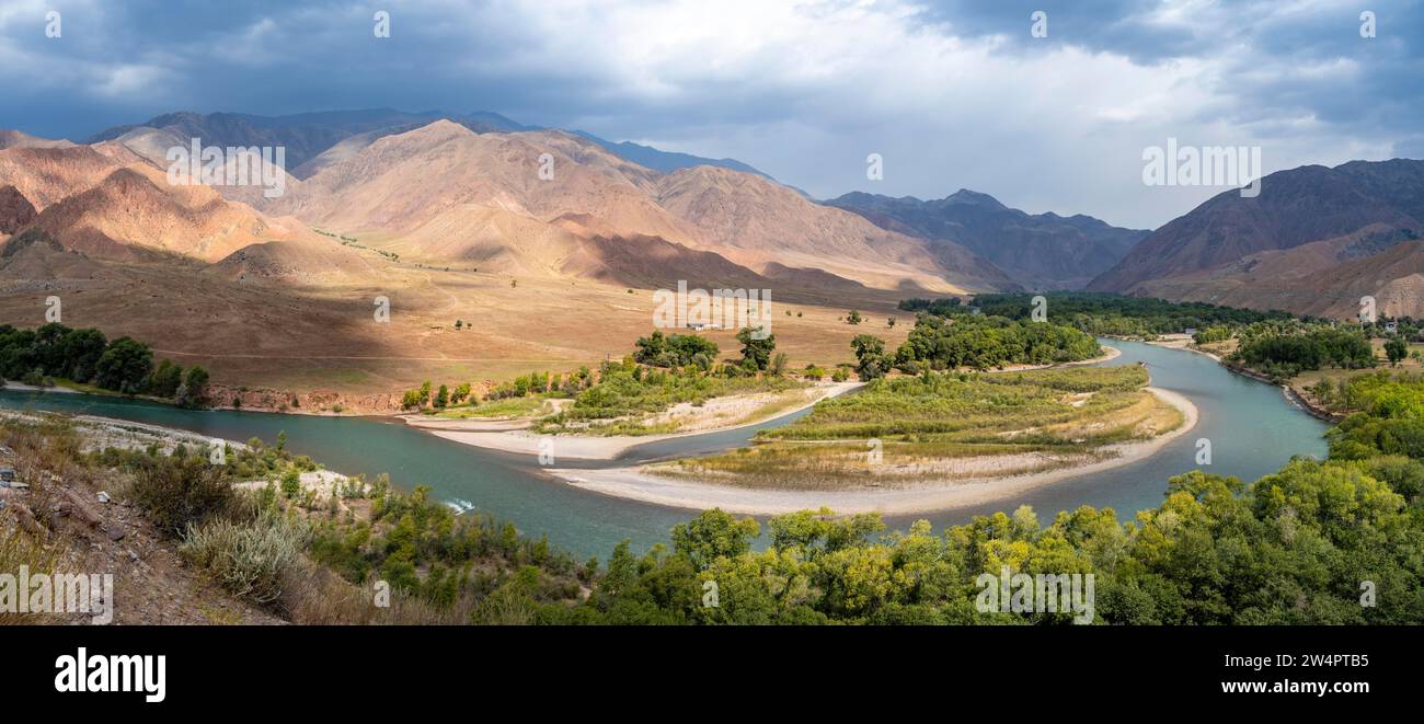 Green river valley with Naryn river between mountains, mountain ...