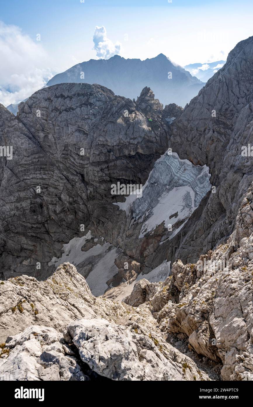 View of rock faces with blue ice glacier and summit of the Hochkalter ...