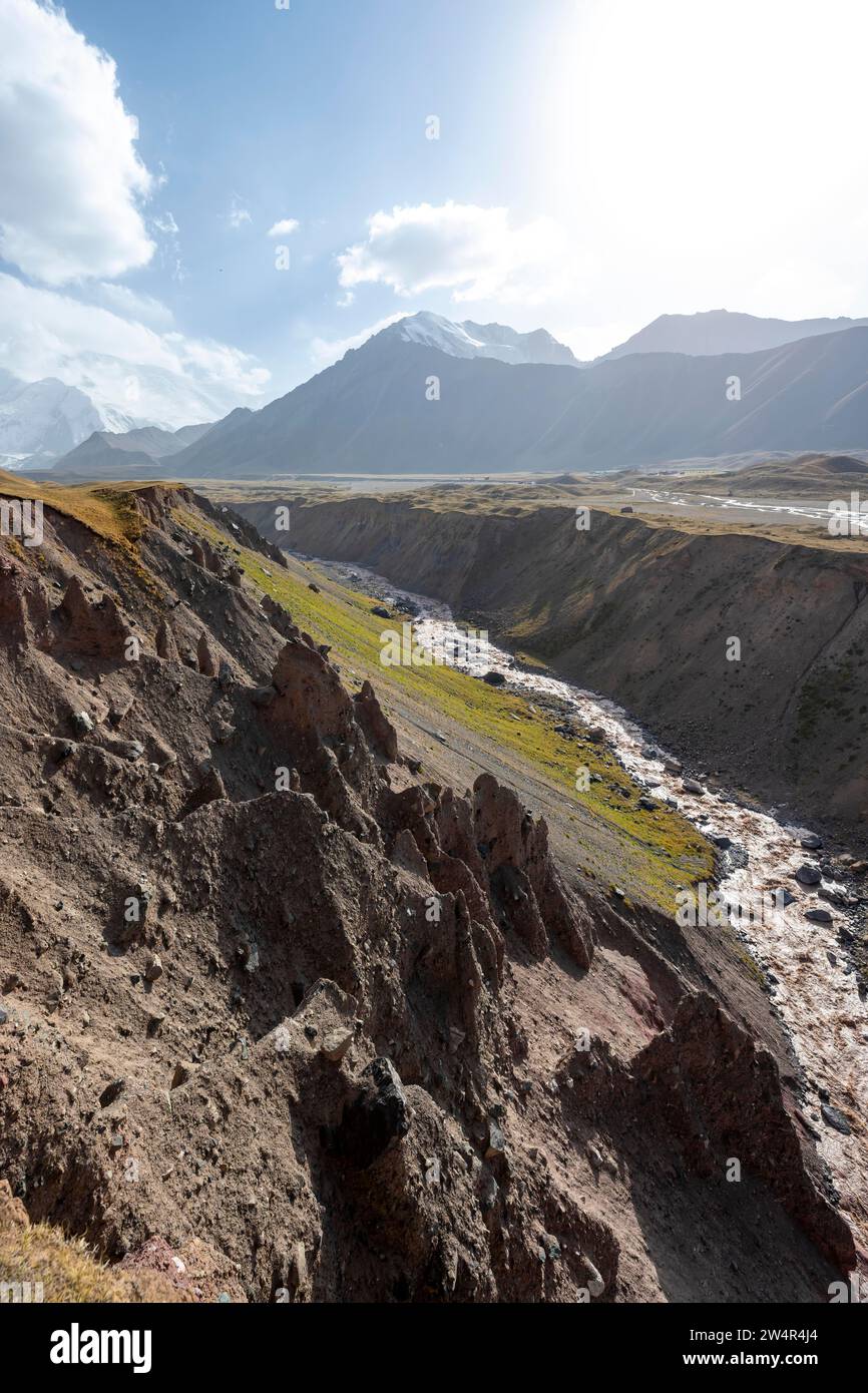 Valley with river Achik Tash between high mountains, mountain landscape ...