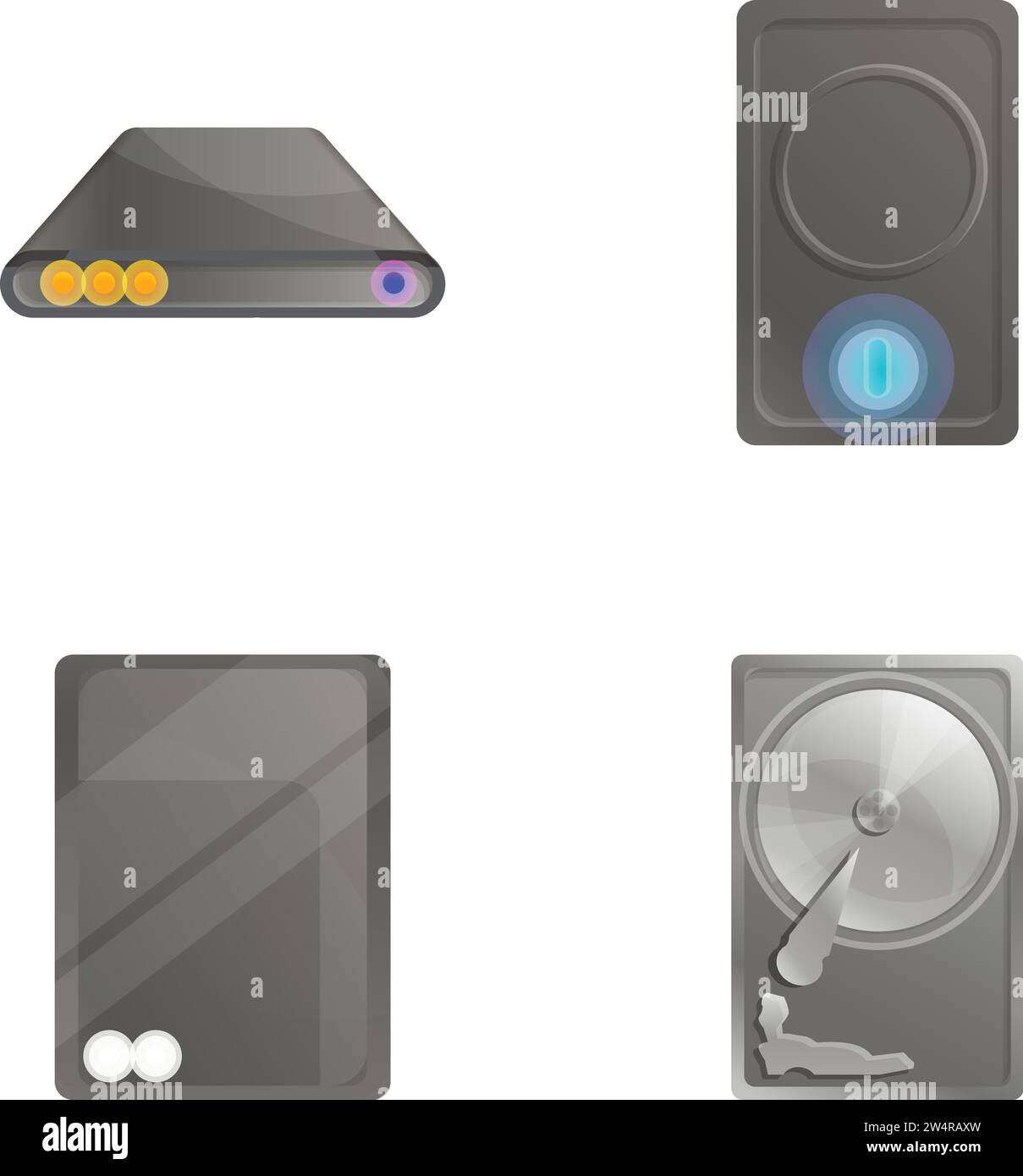 Home equipment icons set cartoon vector. Power bank, speaker and disc player. Electronic device ...