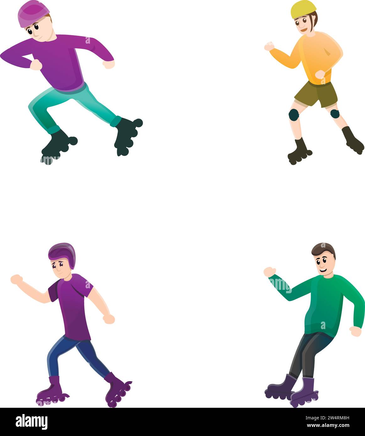 Man roller icons set cartoon vector. Man character on roller skate ...