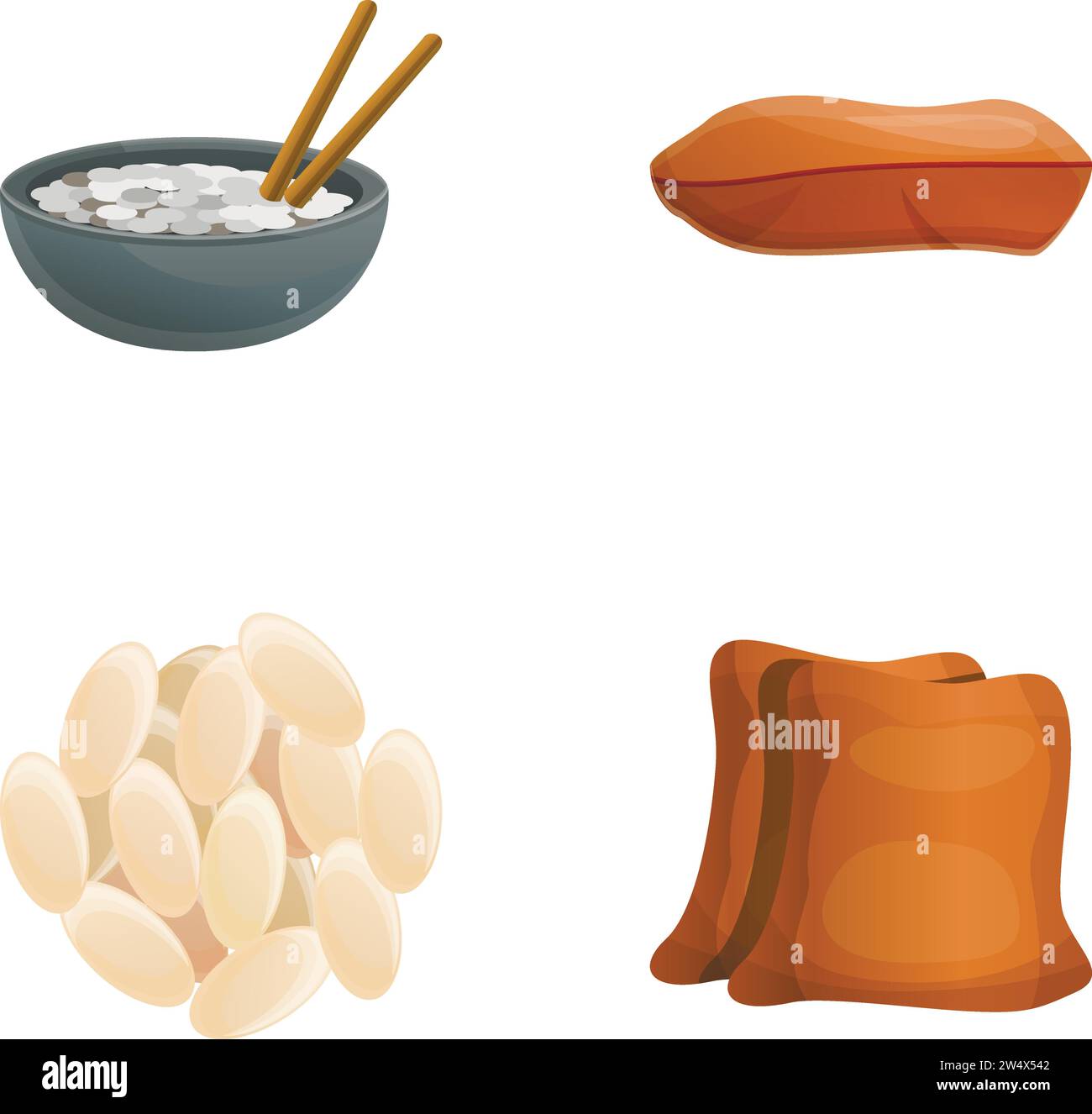 Rice icons set cartoon vector. Rice consumption and storage ...