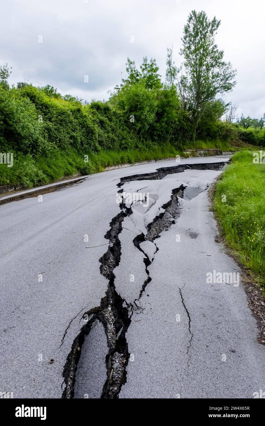 Broken tarmac road near Rotonda after heavy rainfall in Basilicata ...