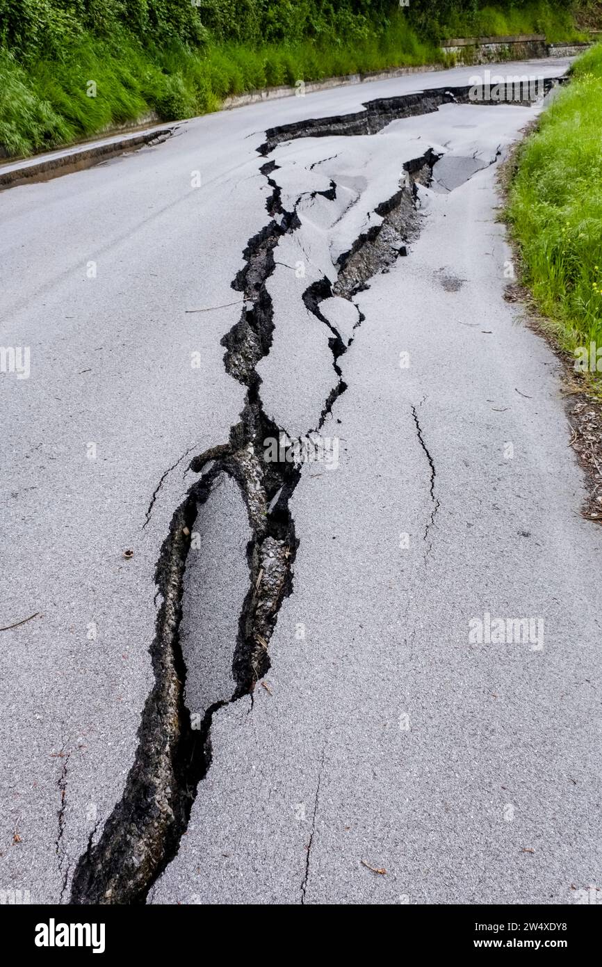 Broken tarmac road near Rotonda after heavy rainfall in Basilicata ...