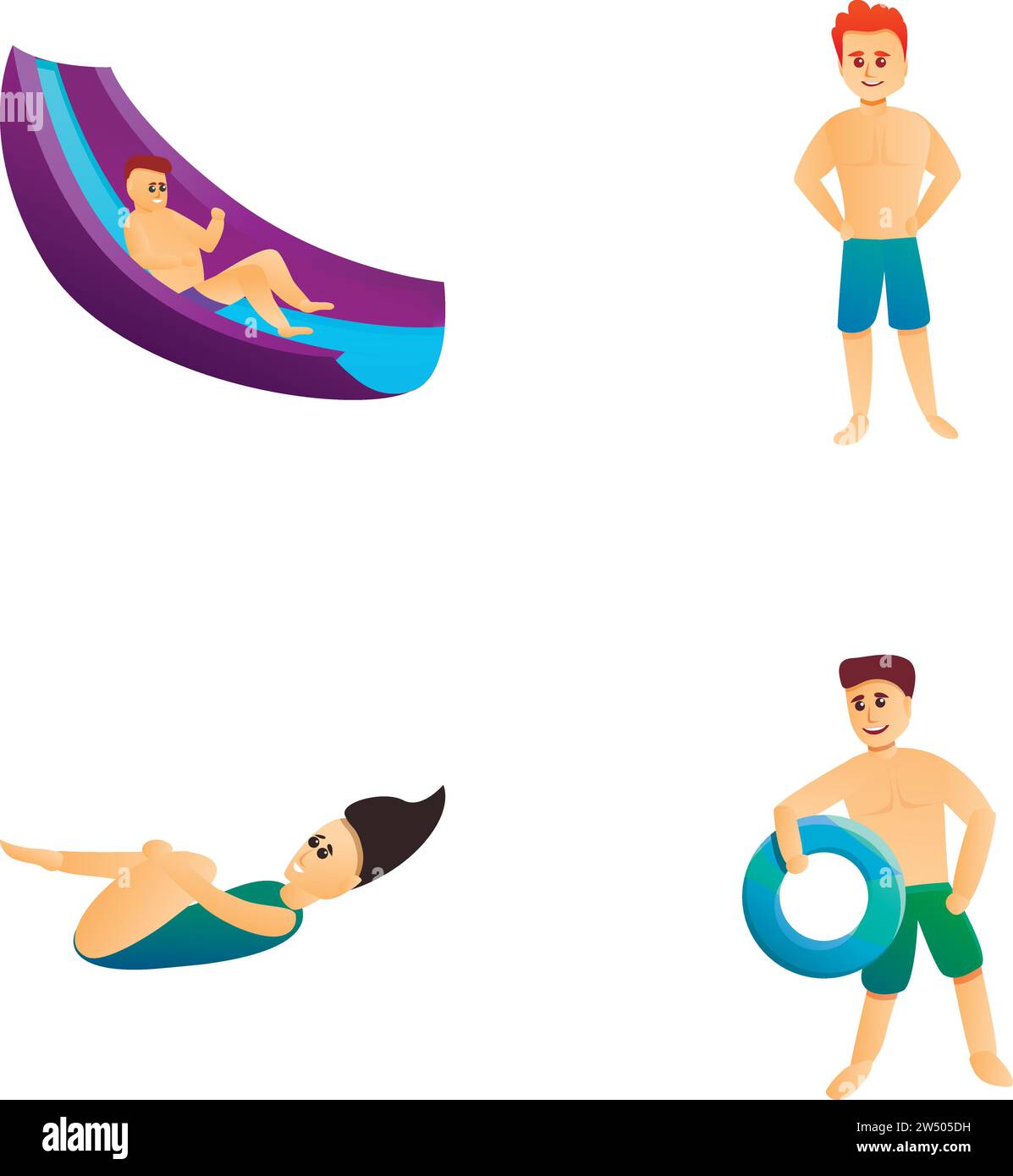 Aquapark recreation icons set cartoon vector. People during summer ...