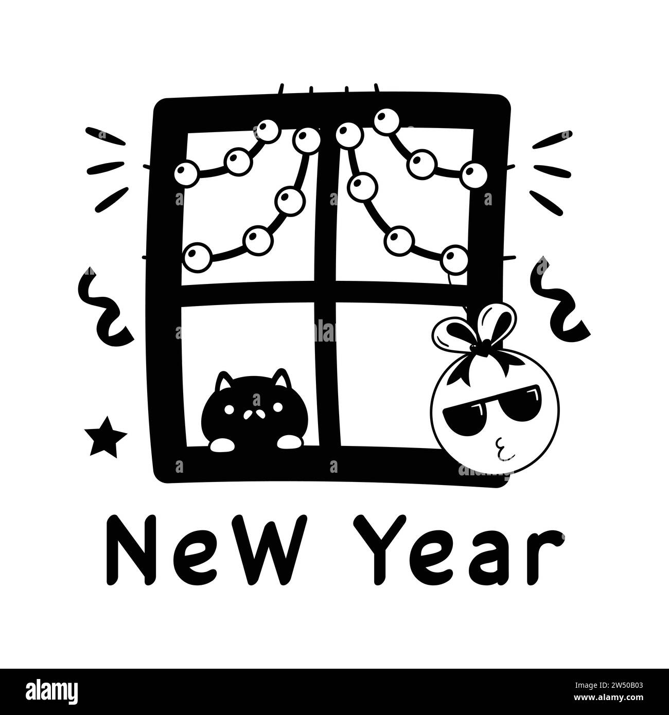 Happy new year 2024 decorations with small lights, flat hand drawn sticker of new year Stock ...