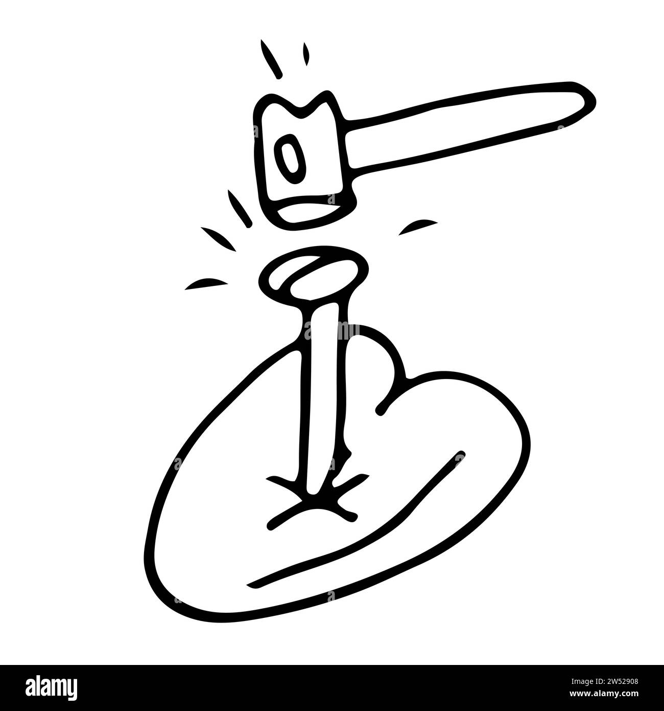 Doodle outline hammer hammer a large nail in the heart. Vector sketch ...