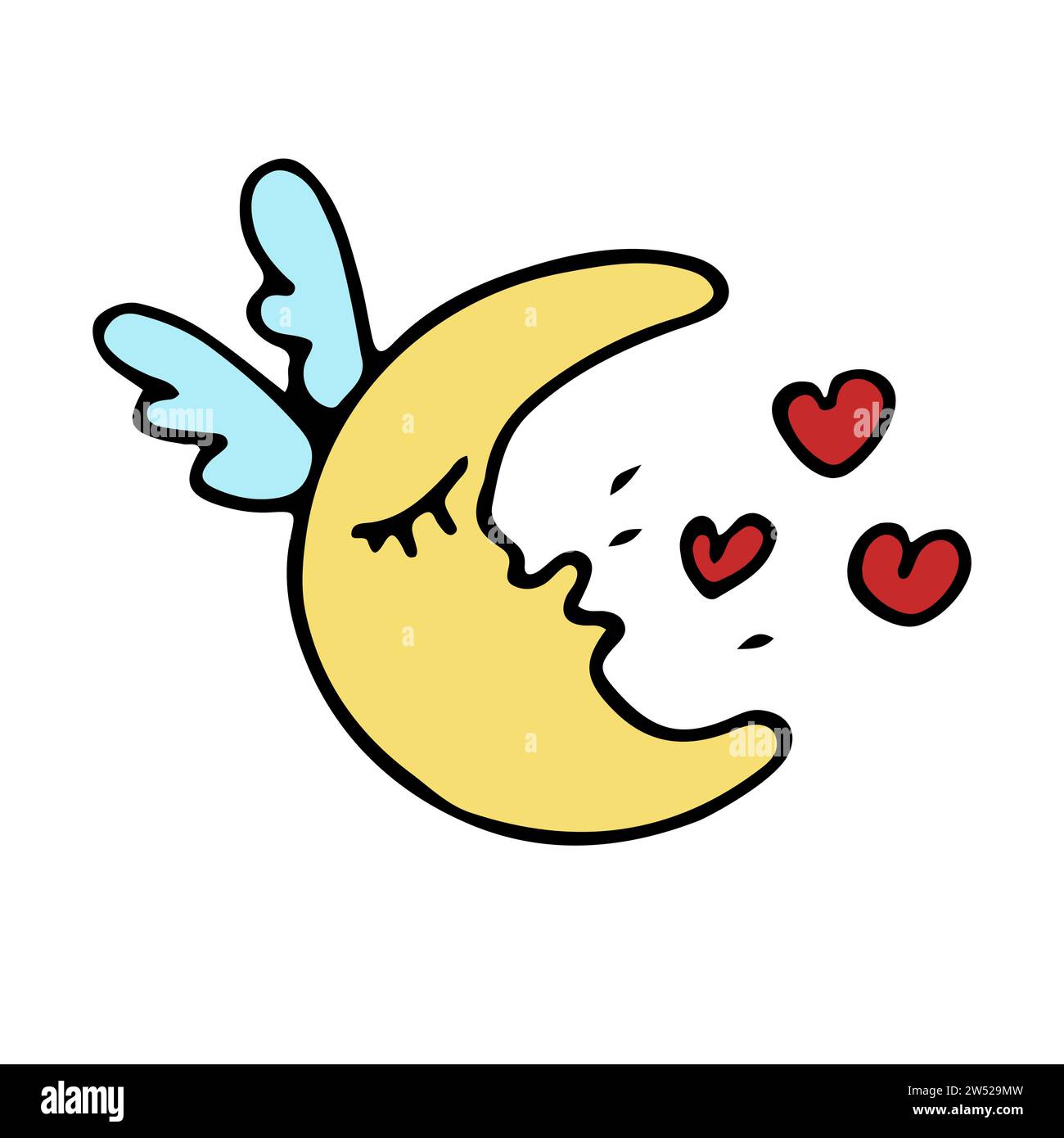 The winged moon kisses and hearts fly around. Vector sketch for ...