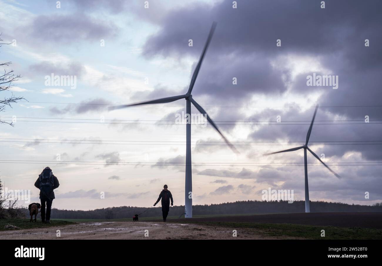 People walk their dogs at Hook Moor Wind Farm, near Leeds during Storm ...