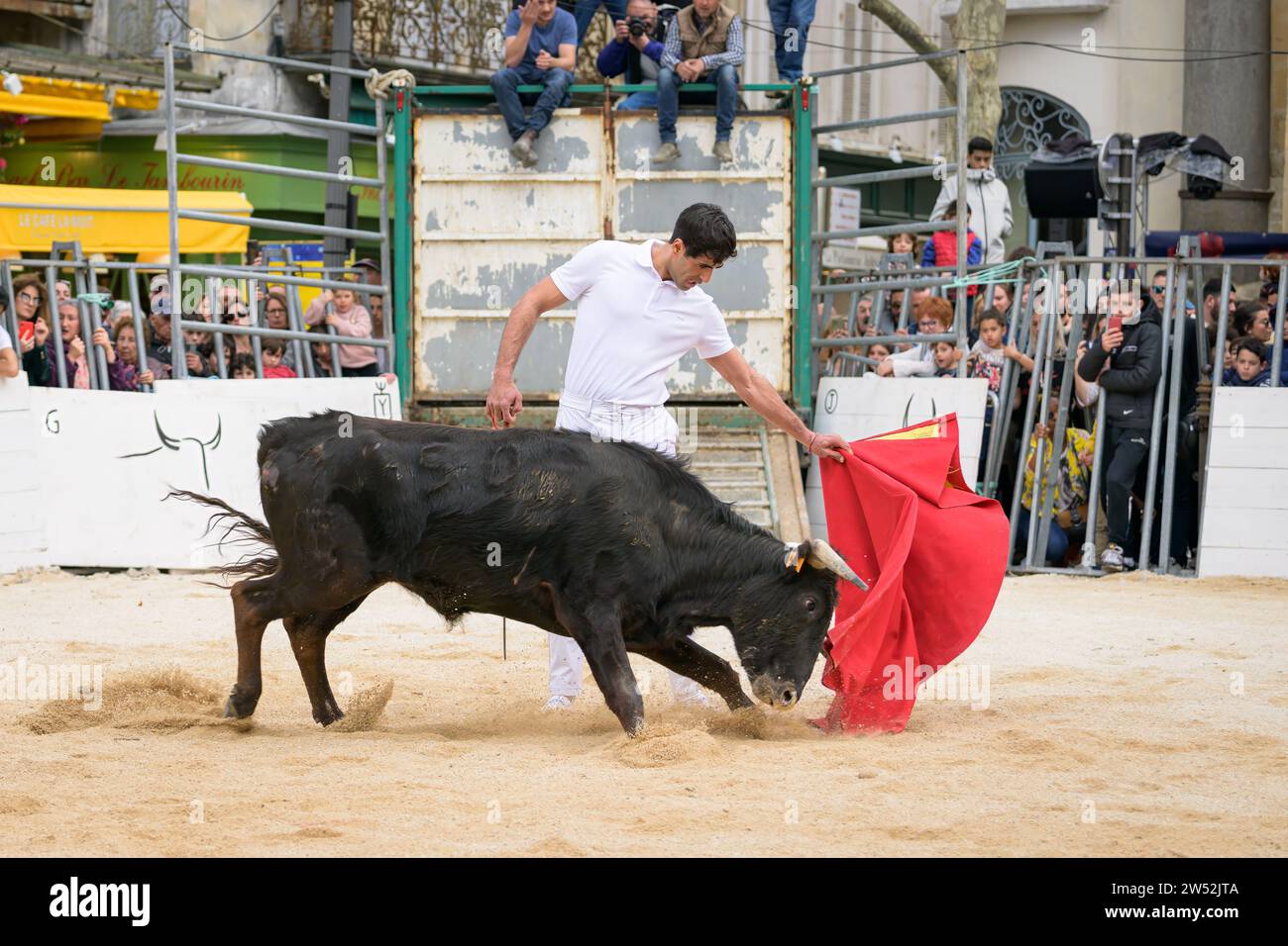 Arles, France - March 11, 2023: Bull fight at Capea du Forum, a ...