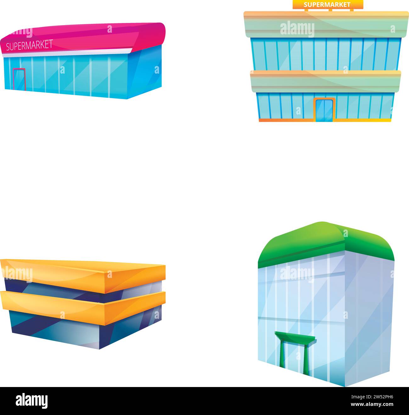 Supermarket icons set cartoon vector. Various supermarket building ...