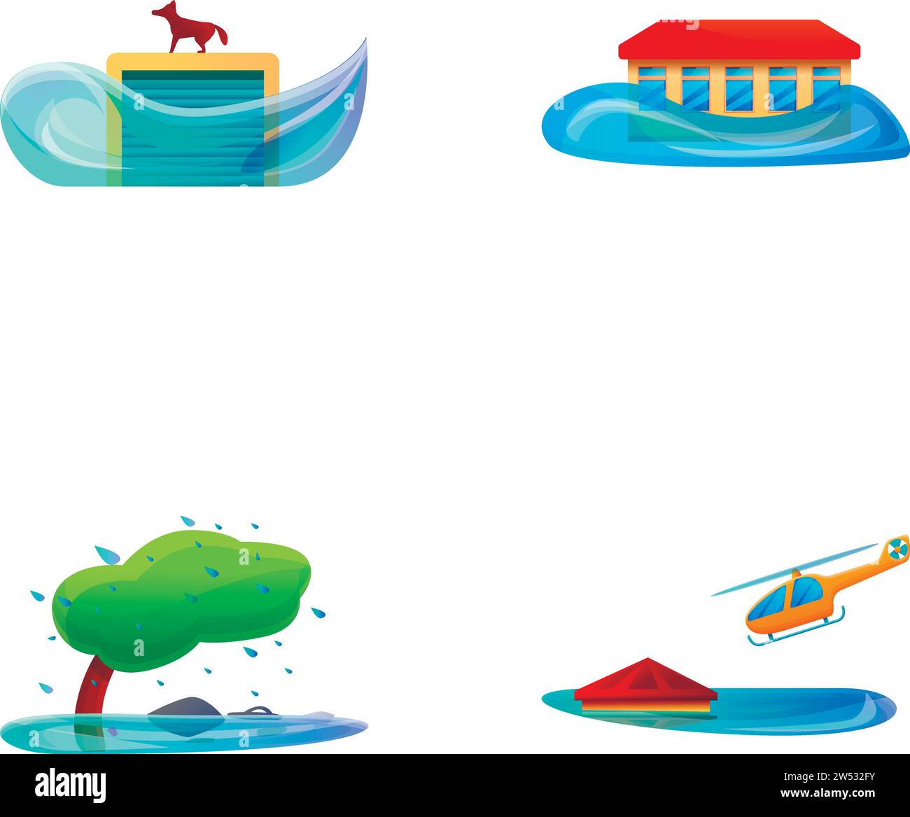 Deluge icons set cartoon vector. Rescue of people and animal. Natural ...