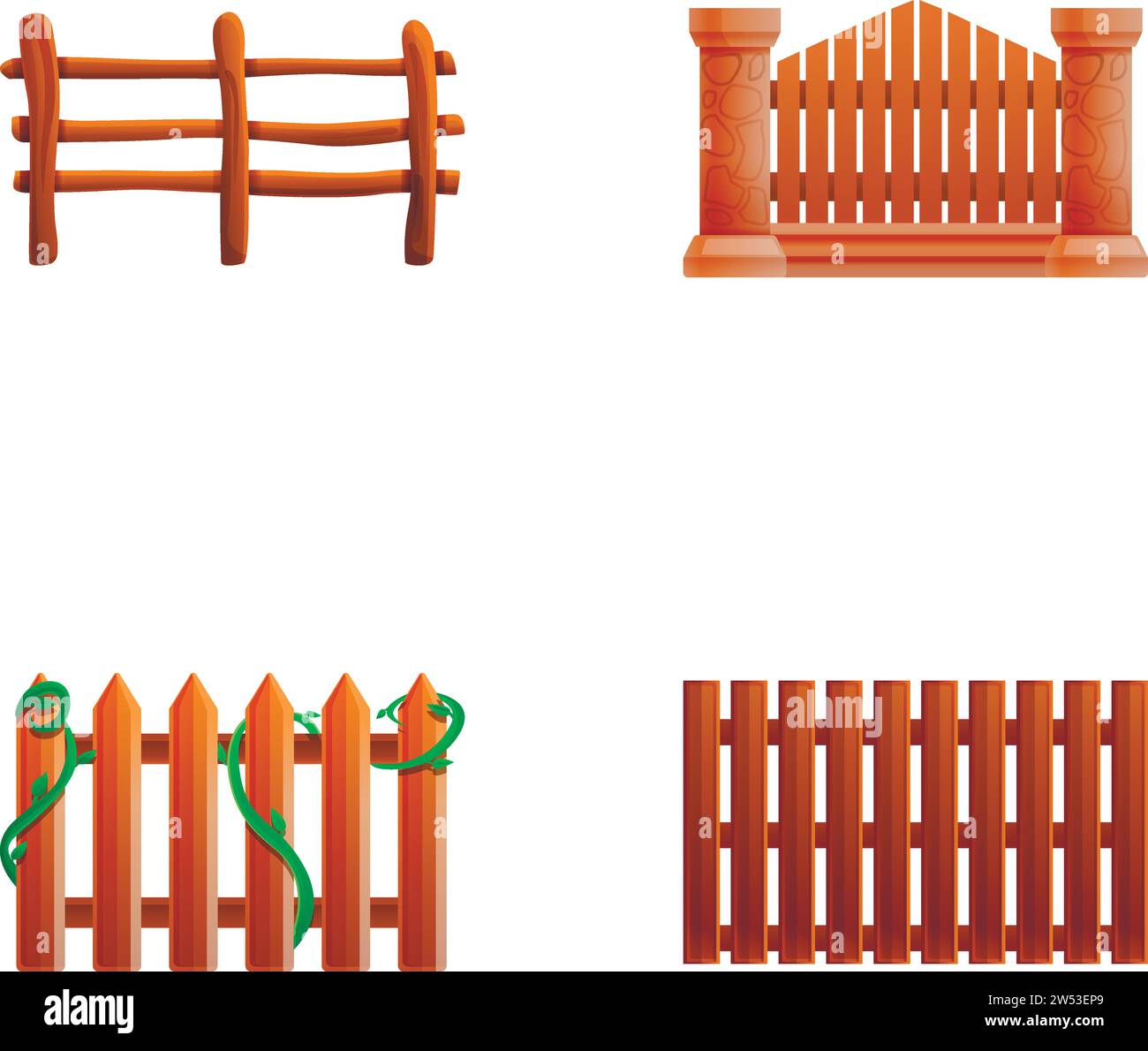 Wooden fence icons set cartoon vector. Different type of wood fence ...