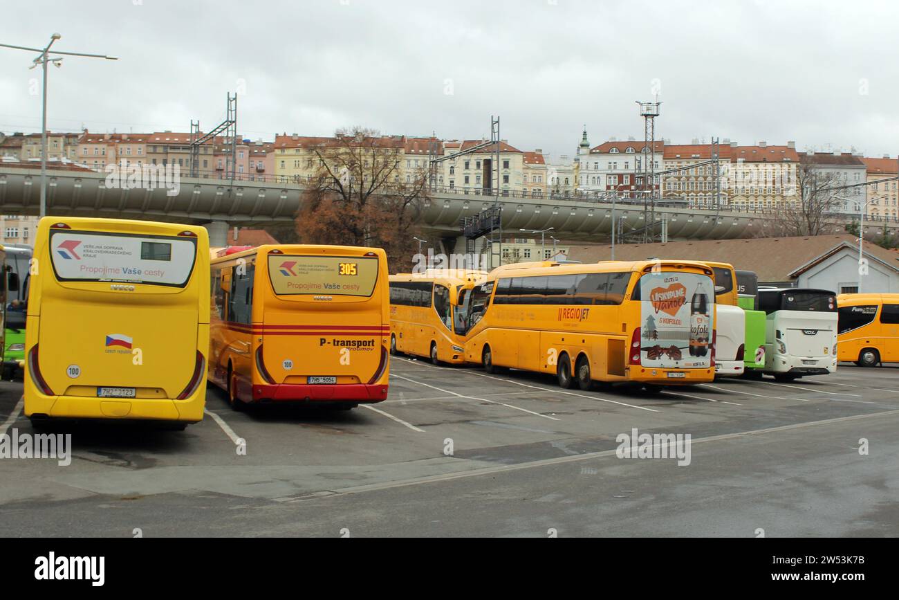 Buses at Prague Florenc bus station, Czech Republic, December 21, 2023 ...