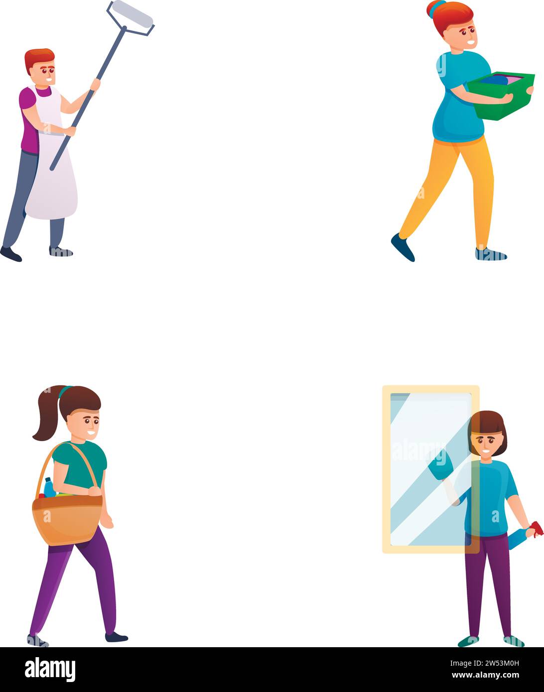 Housework icons set cartoon vector. People with cleaning and repair ...
