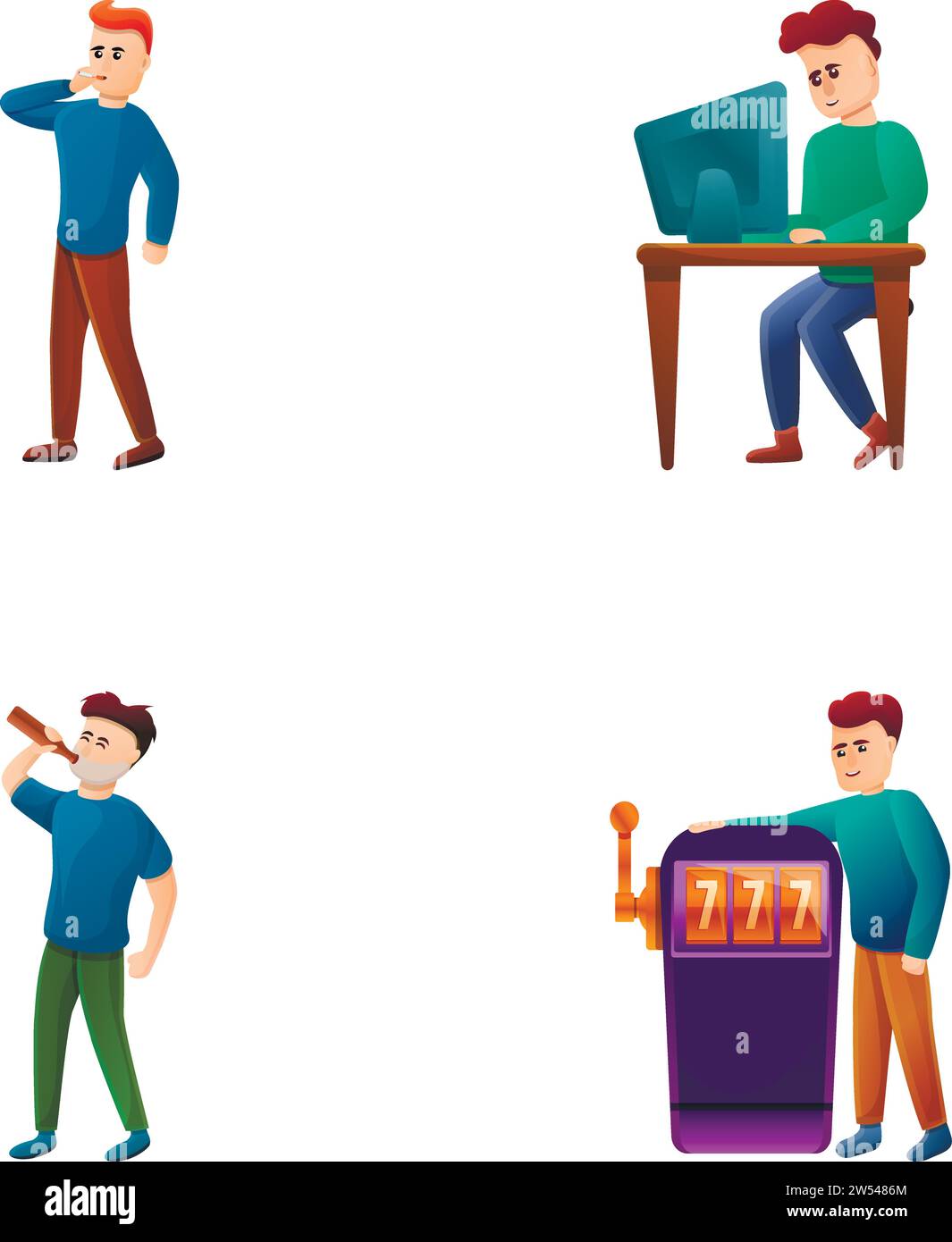 Dependence icons set cartoon vector. Alcohol, gambling, tobacco and ...