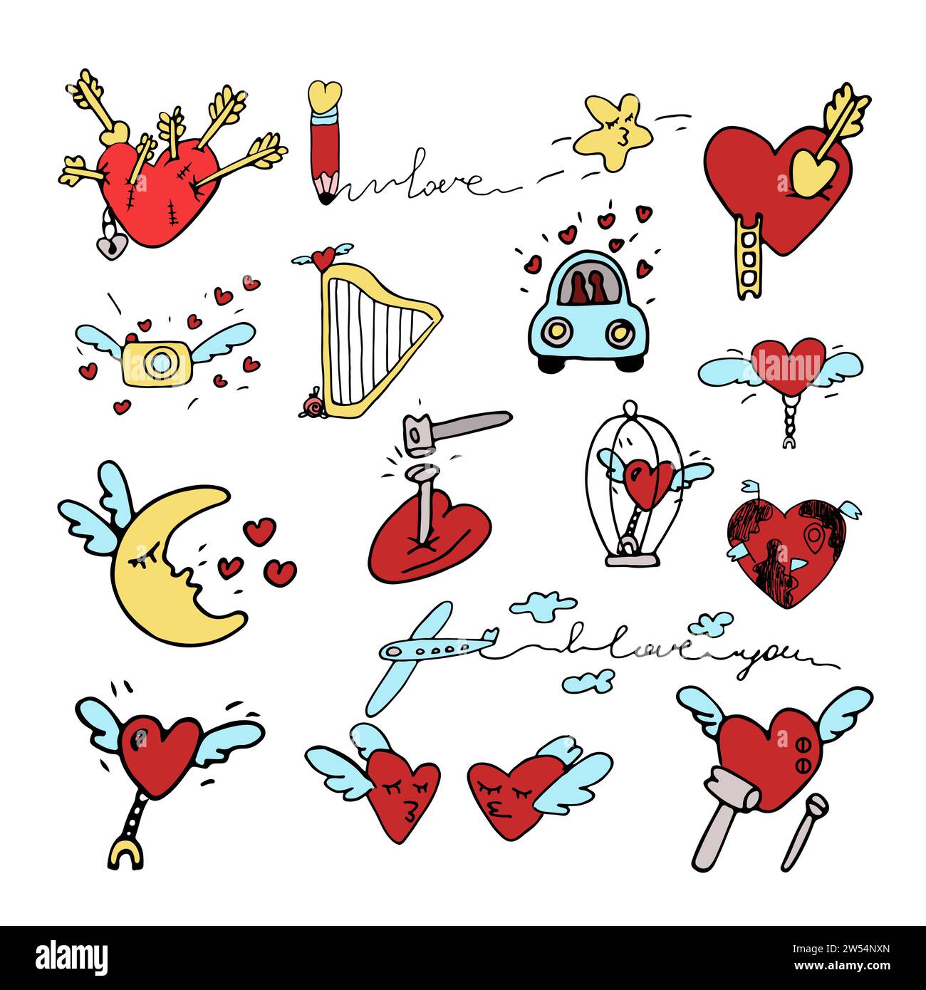 Set of vector color doodles for Valentine's Day or on the theme of love ...