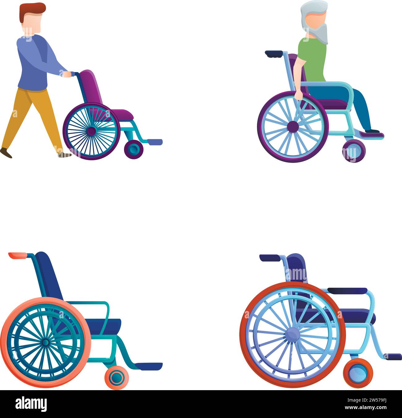 Handicap icons set cartoon vector. Elderly man in wheelchair ...