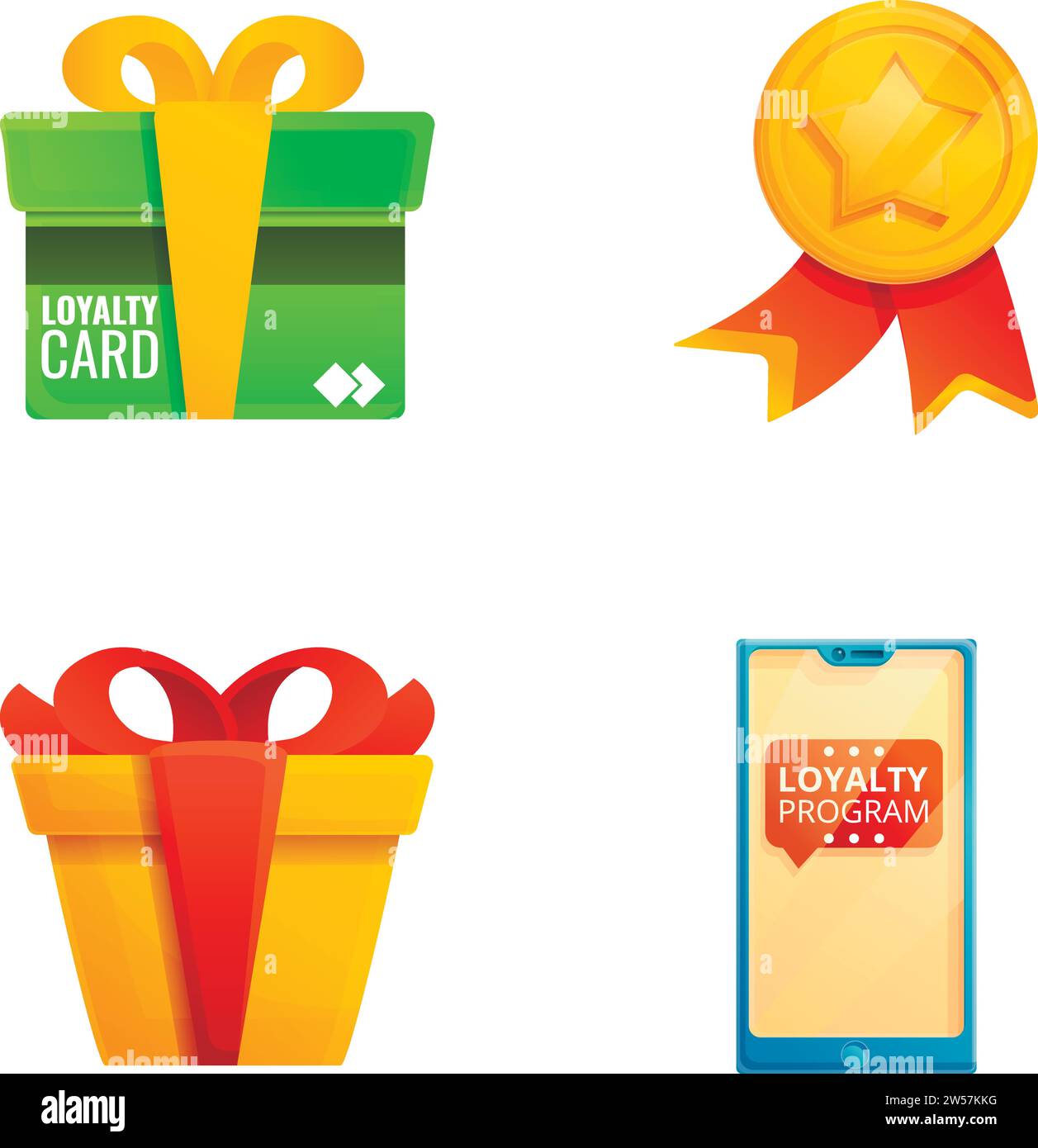 Loyalty program icons set cartoon vector. Medal, gift box and ...