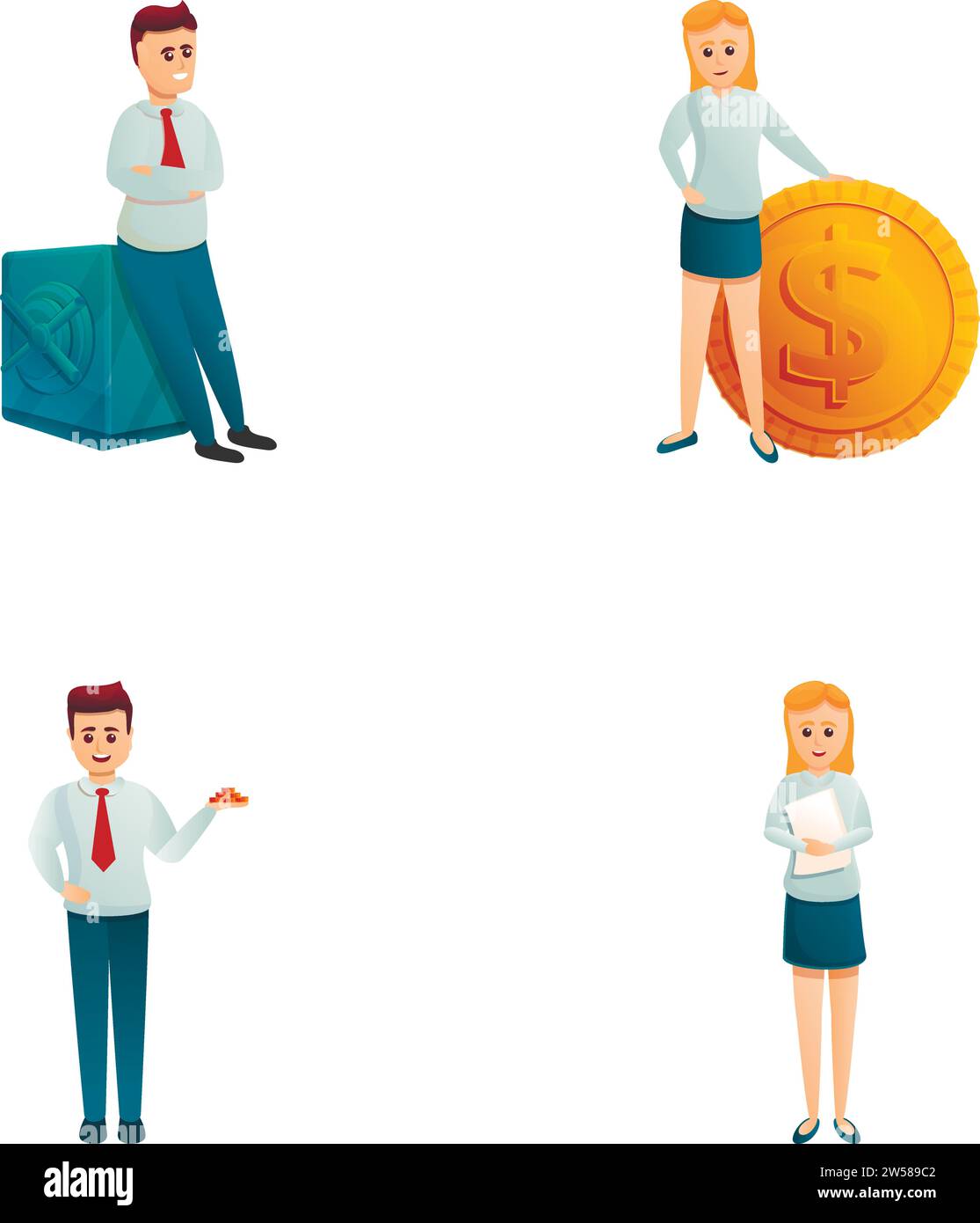 Bank worker icons set cartoon vector. Office worker and big gold coin ...