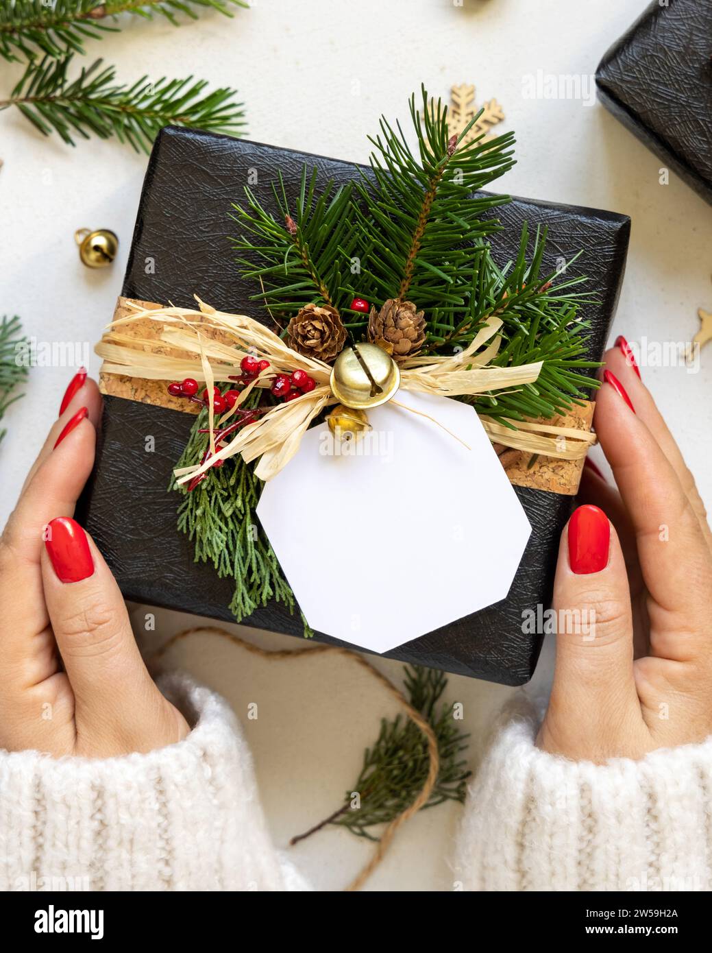 Hands with Black present with gift tag, fir tree branches, pine cones ...