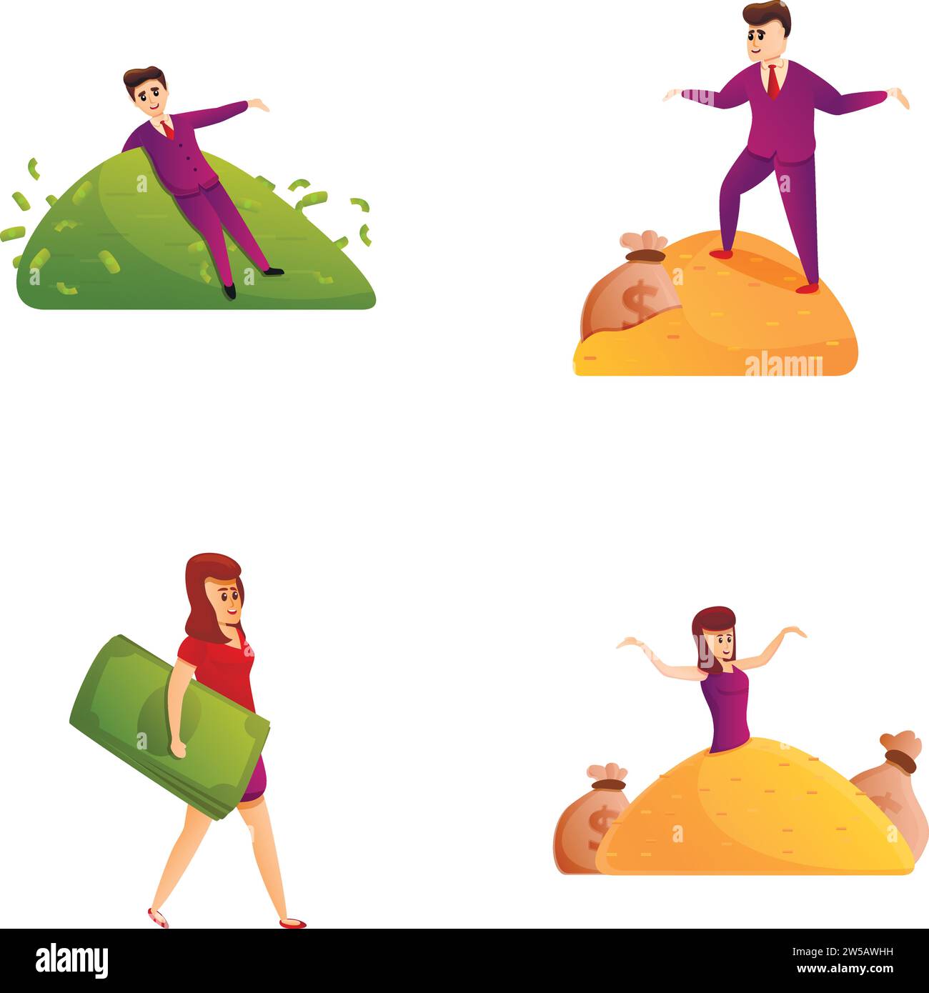 Rich human icons set cartoon vector. People sitting on heap of dollar ...