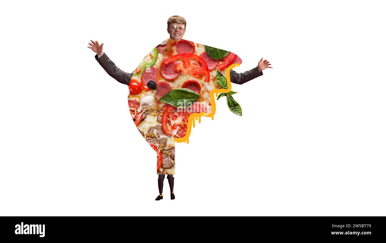 Smiling man in glasses and suit wit body covered with delicious slice ...