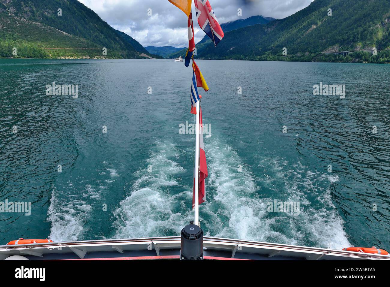 View of Lake Achensee from the stern of an Achensee boat, Achensee ...