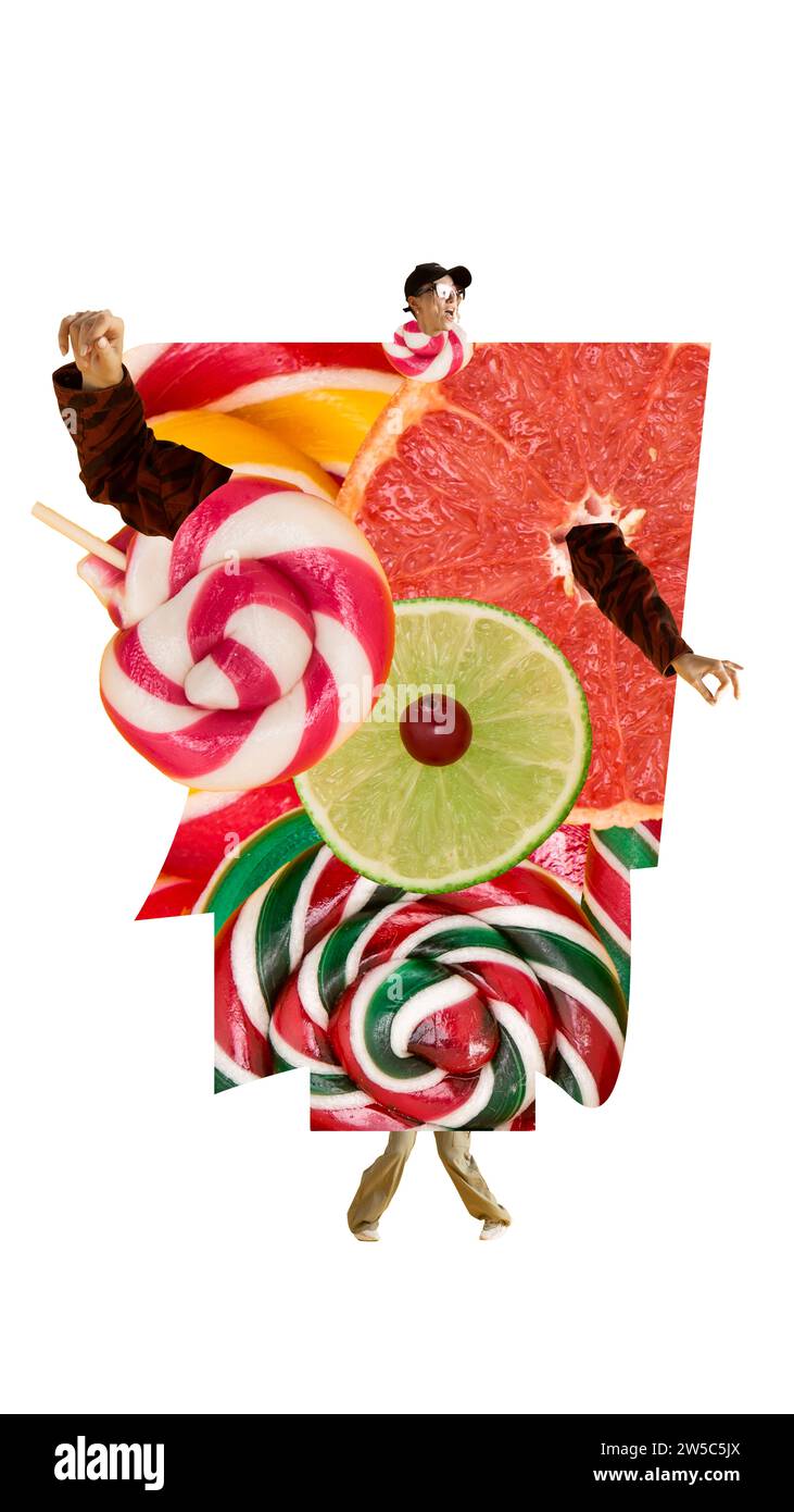 Stylish young woman with body made of different candies and citrus over ...