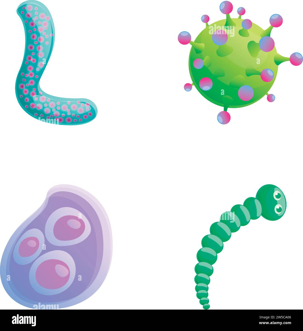 Protozoa icons set cartoon vector. Various bacteria virus and microbe. Microbiology concept ...