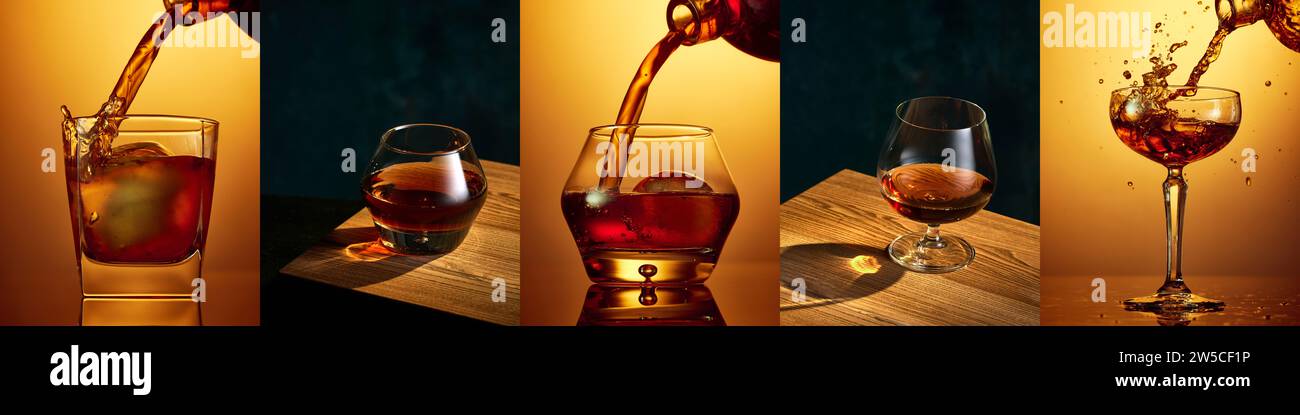 Banner. Creative collage. Strong Spirits Set. Hard alcoholic drinks in ...