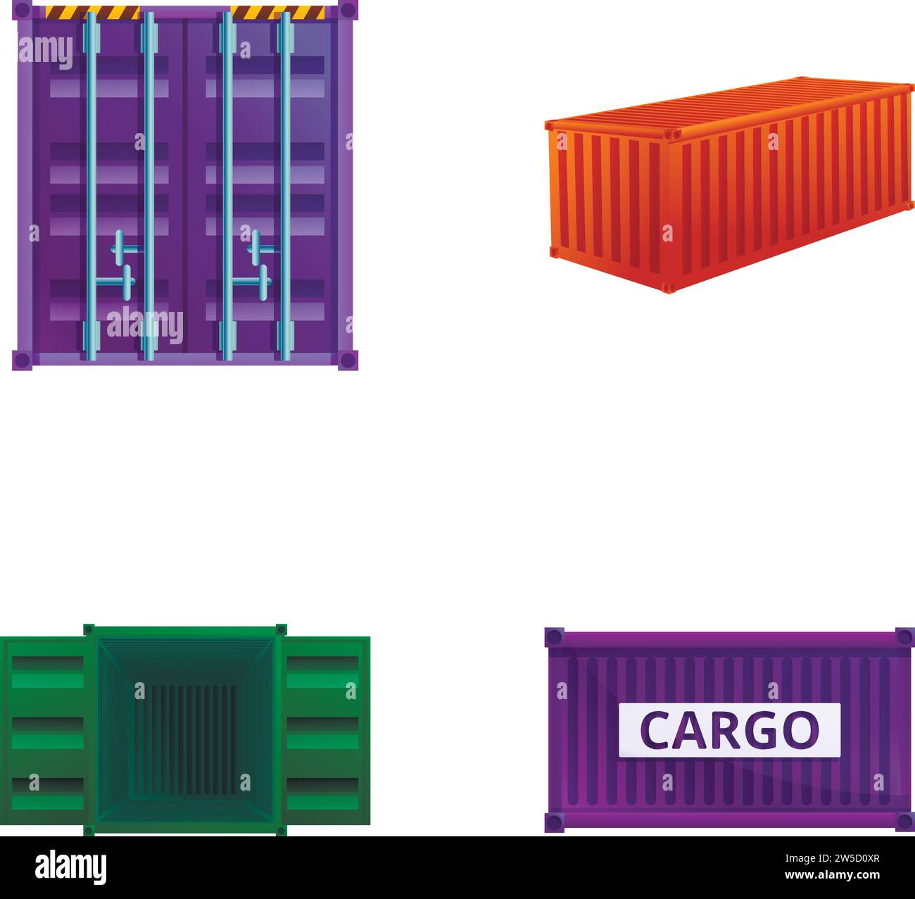 Metal container icons set cartoon vector. Industrial crane hook and ...