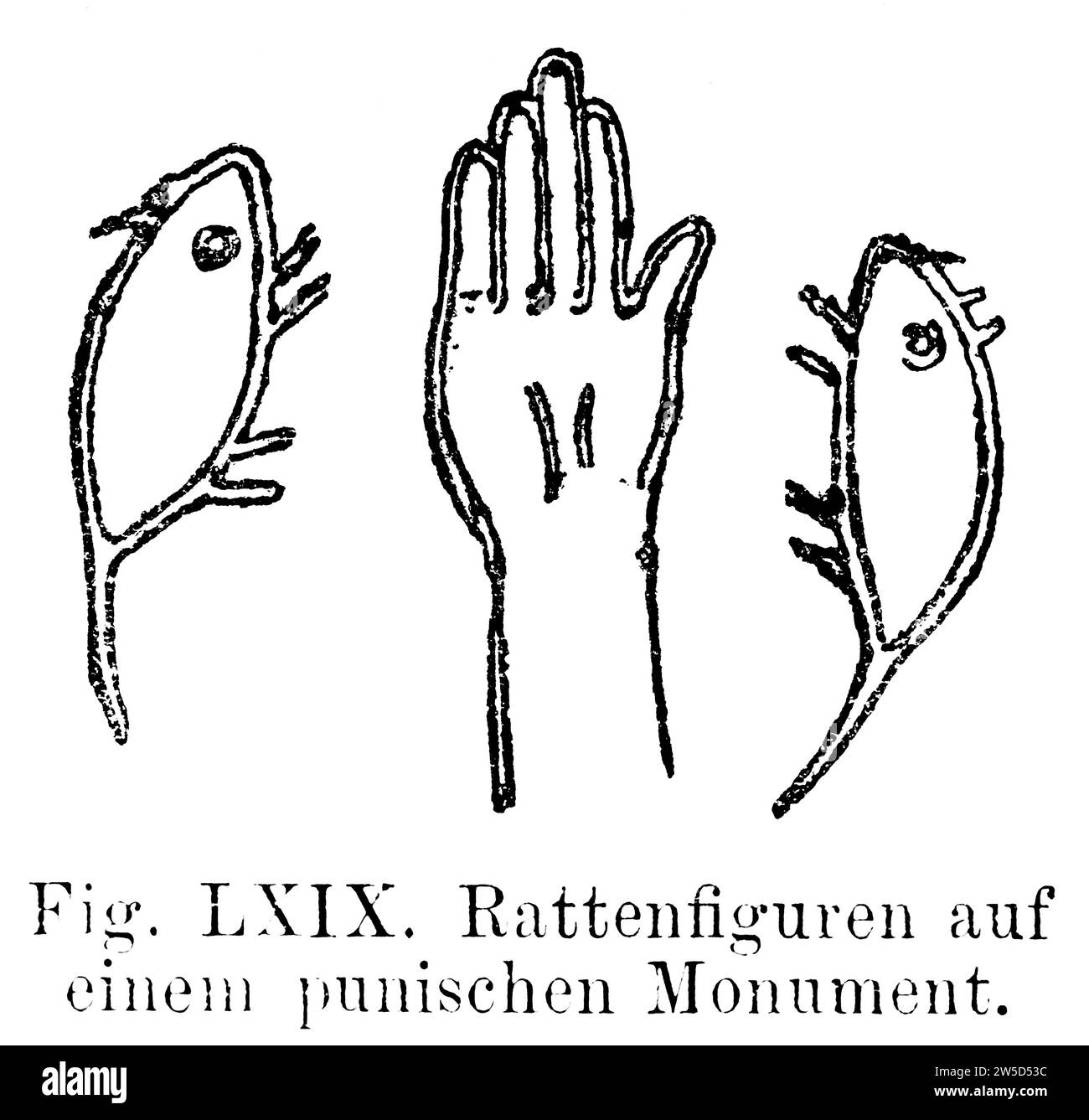 Punic monument with rat figures, religious significance, hand, two rats ...