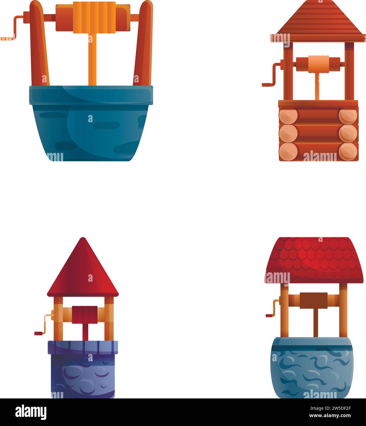 Different well icons set cartoon vector. Wooden and stone well with ...