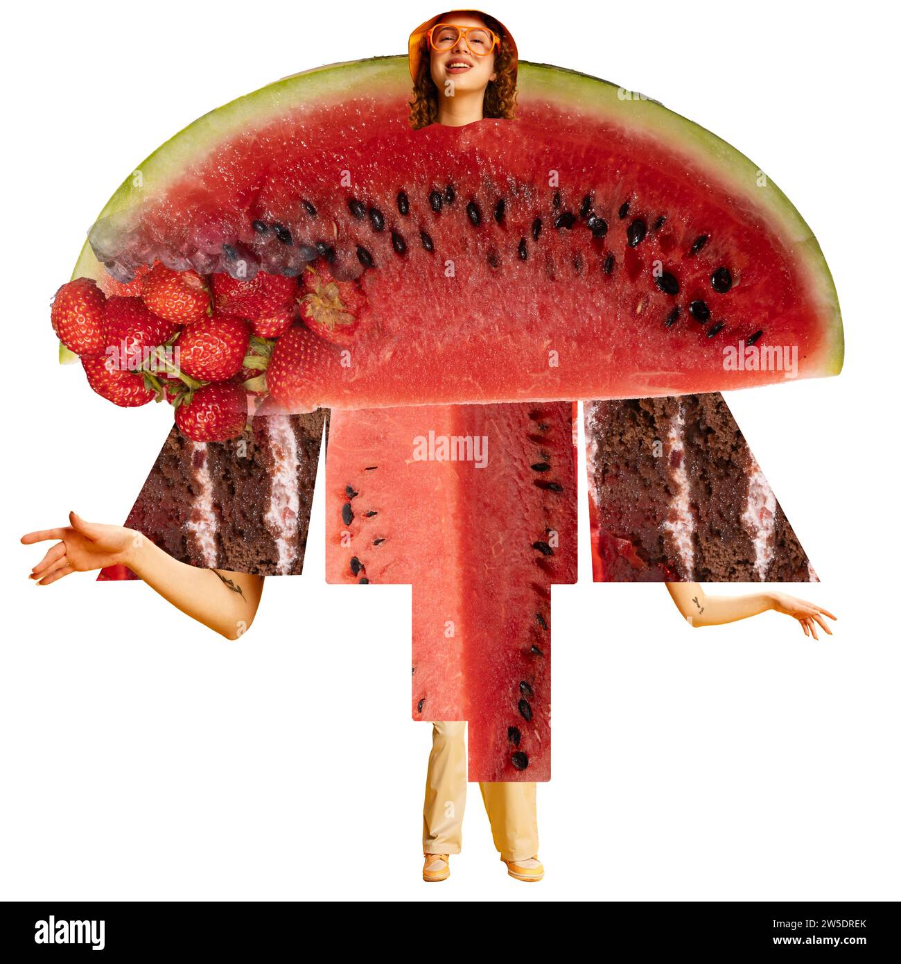 Balance of food types. Young smiling woman with body covered with ...