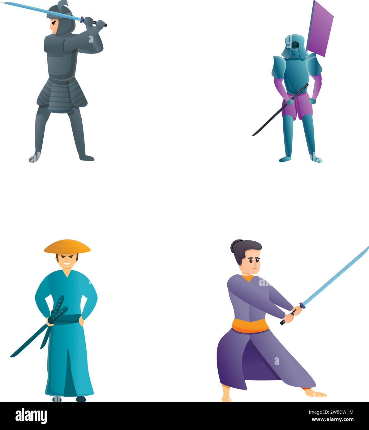Samurai icons set cartoon vector. Japanese samurai warrior with sword ...