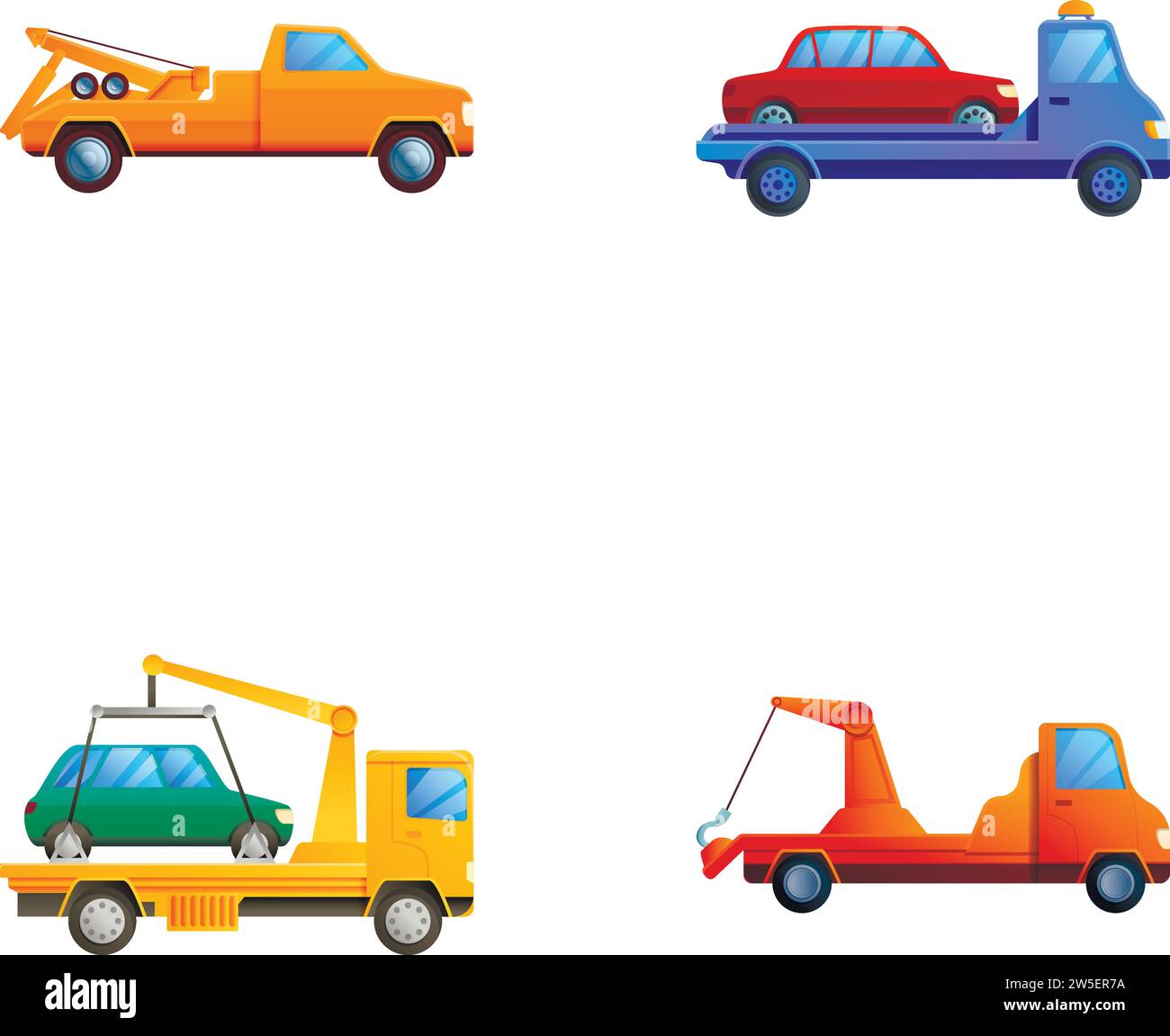 Towing truck icons set cartoon vector. Various type of tow truck ...
