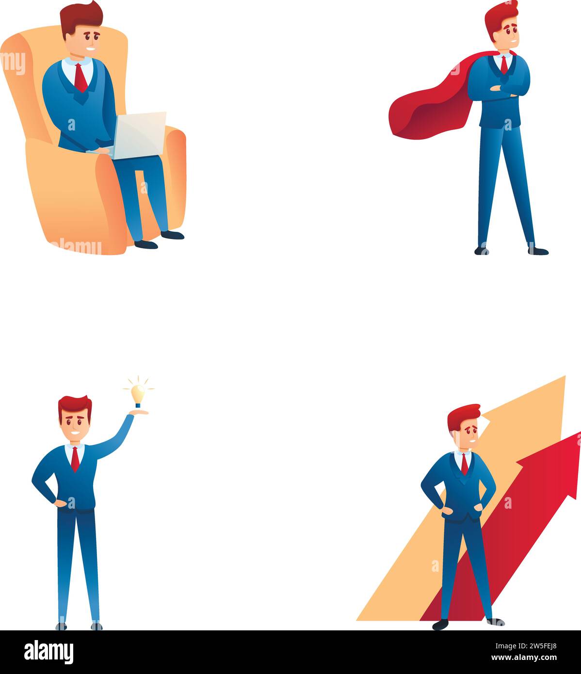 Leader man icons set cartoon vector. Businessman with idea and superman ...